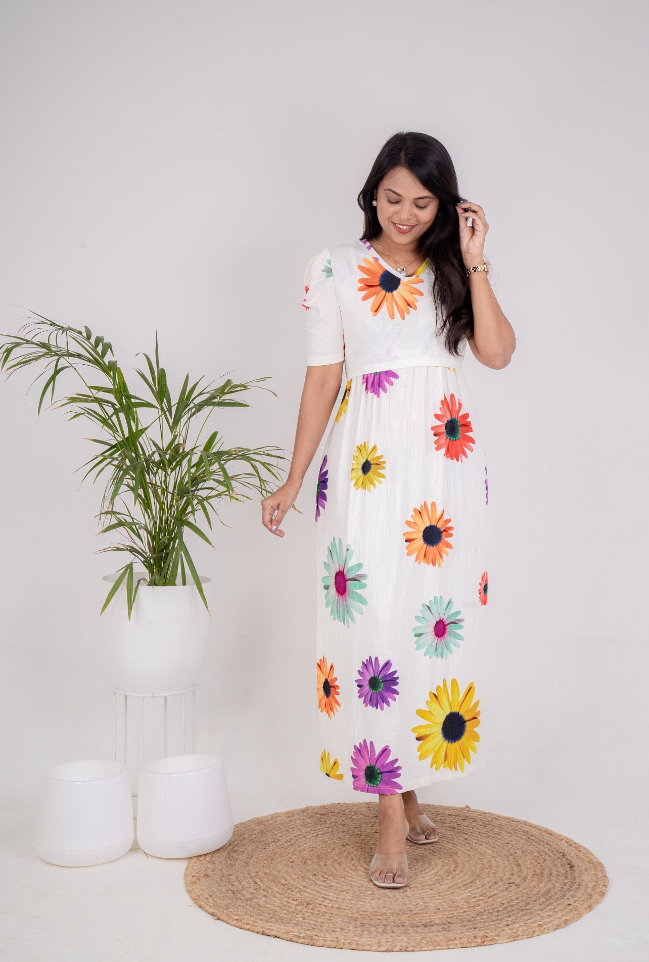 Maxi White Sunflower Ribbed Dress - Samaya Exclusive Premium Fabric for ...