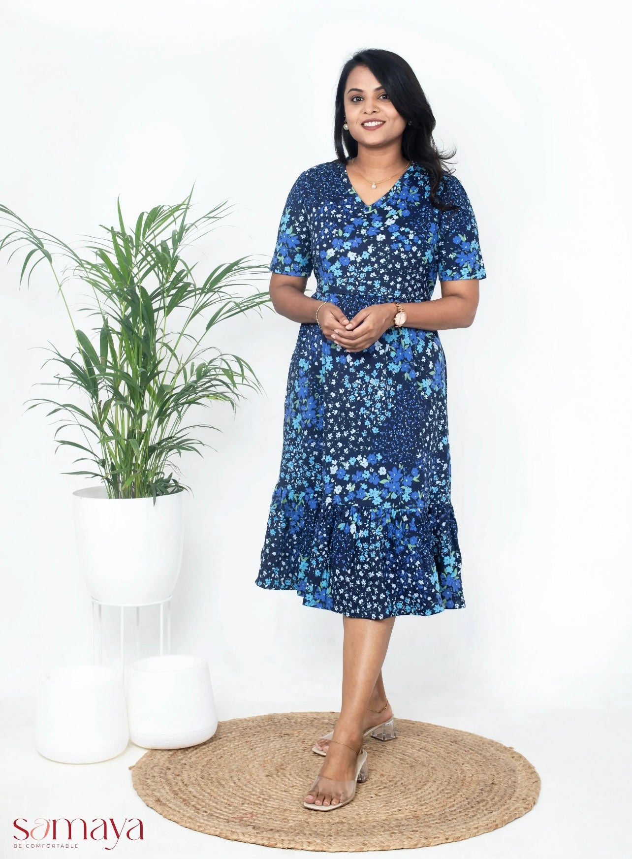 Midi Ink Blue Flower thick weight Dress – SRI SAMAYA GARMENTS
