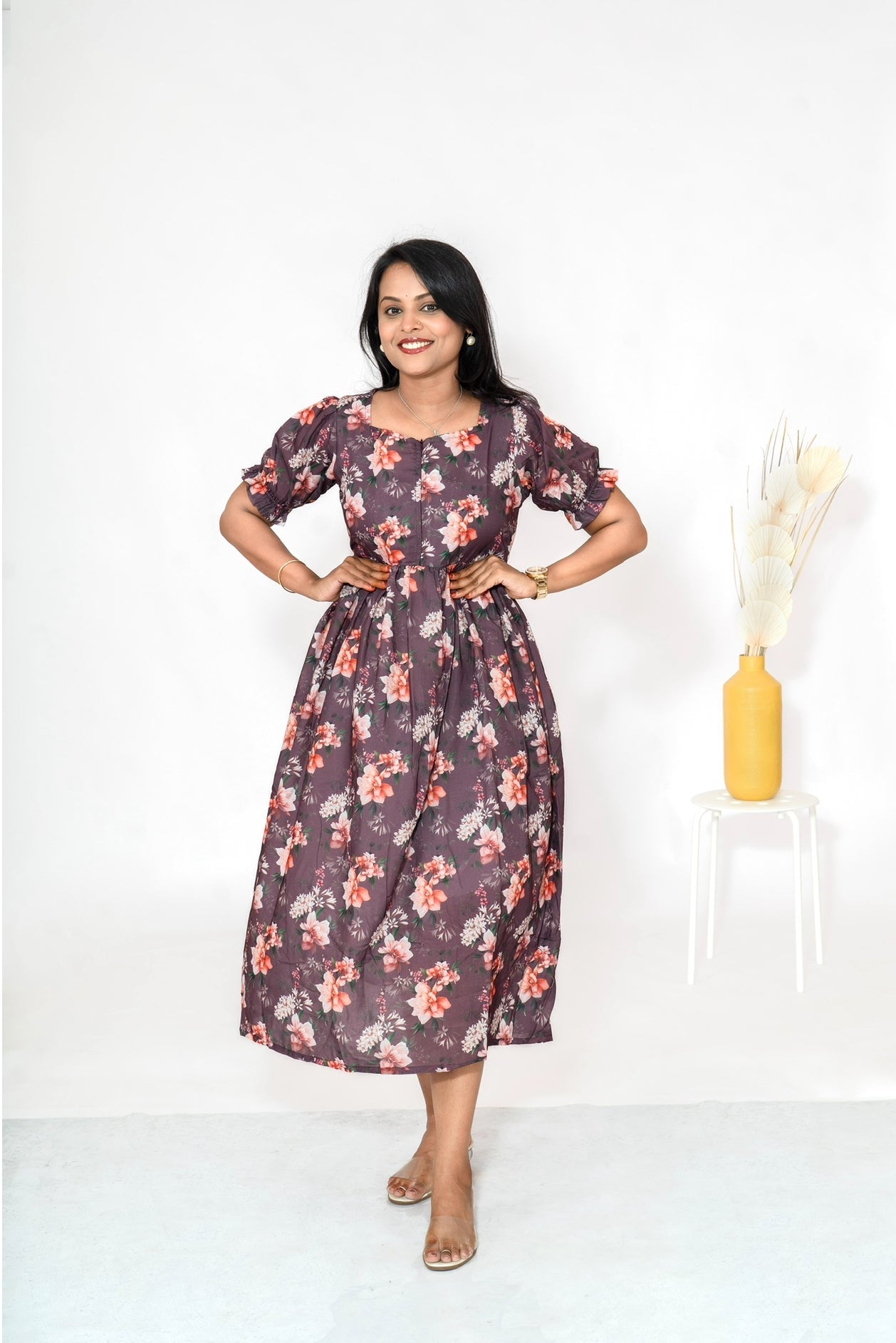 Brown Peach Casual Dress With Lining – SRI SAMAYA GARMENTS